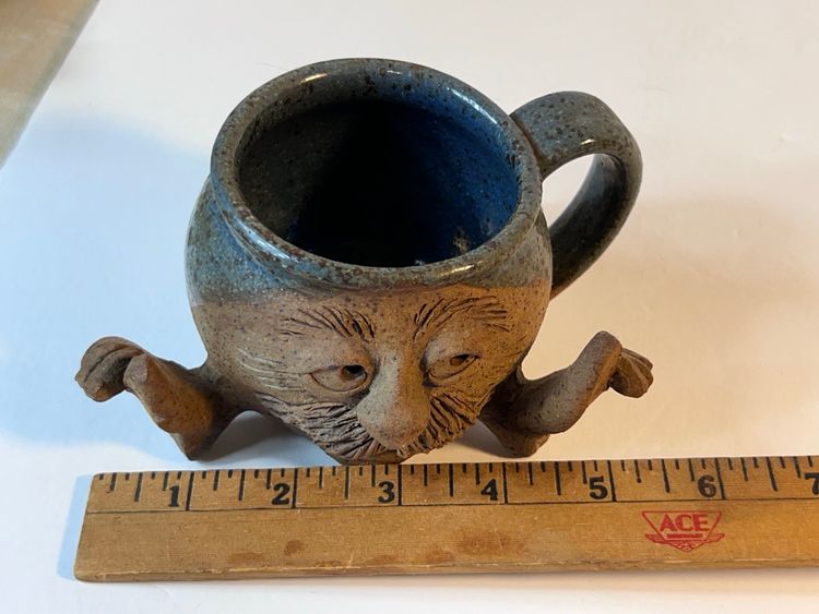 Vintage Funny Face Pottery Mug With Feet Mustache Signed Nose Teeth
