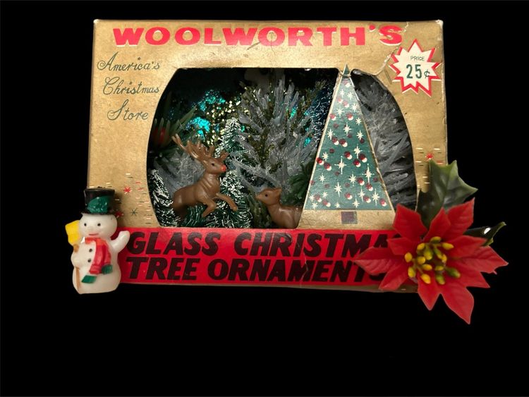 Woolworth Christmas Ornament Box Diorama Assemblage Trees And Deer