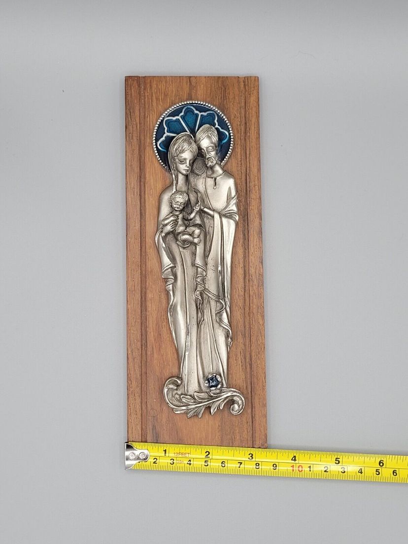 Vintage Peltro Inciso The Holy Family Blue Halo Wall Plaque Made in Italy