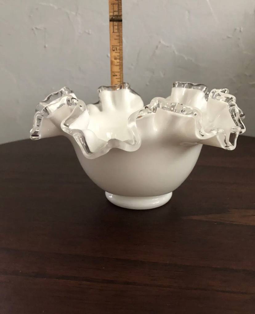 Vintage Fenton Silver Crest Ruffled Crimped Candy Dish Bowl Ultra White