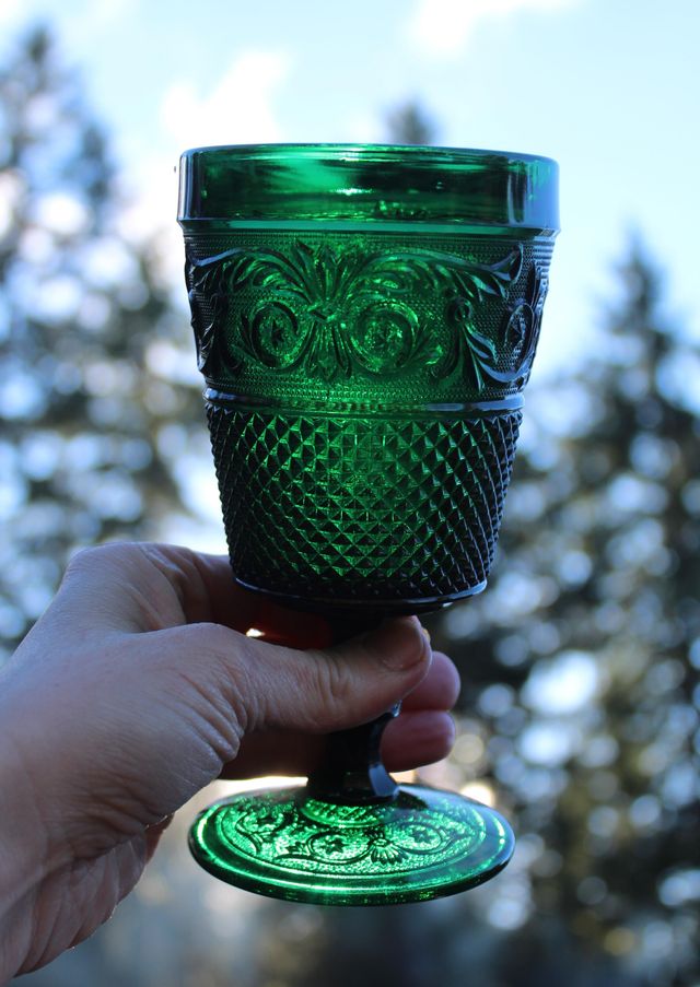 Vintage Emerald Green Glass Goblets Set of 4 - Textured Grapevine Design