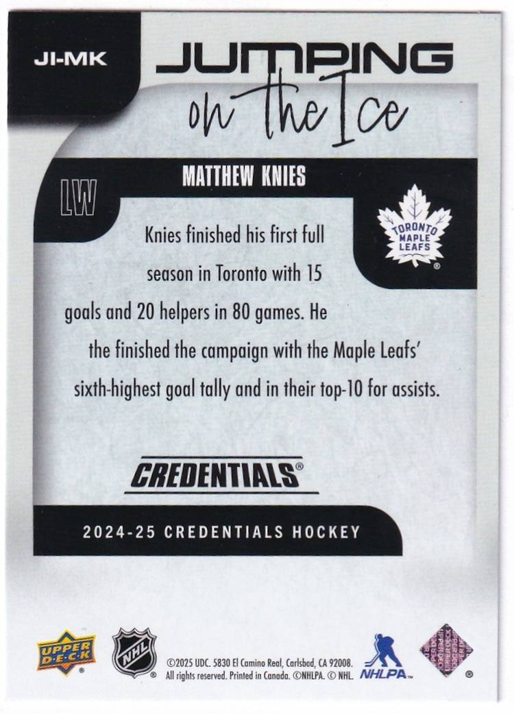 2024-25 Upper Deck Credentials Jumping on the Ice #JIMK Matthew Knies ...