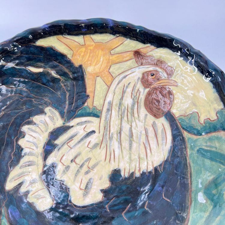 Redware Folk Art Rooster Pottery Chicken Decorative Bowl 15.5”