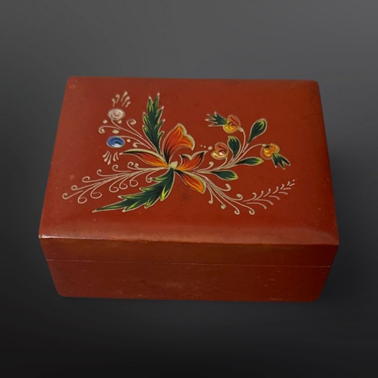 Hand Painted Folk Art Wooden Box Red With Floral Design