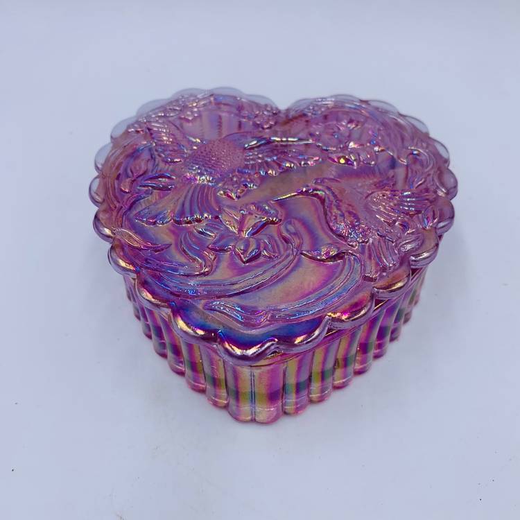 Fenton Pink Iridescent Glass Heart Shaped Box With Hummingbirds