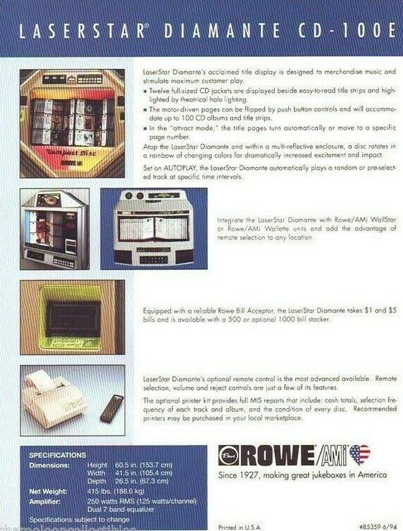 Rowe Laserstar Diamante Jukebox FLYER CD-100 E Original 1995 Phonograph ...