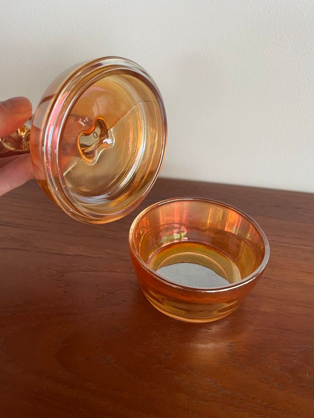 Vintage Jeanette Glass Marigold Deer Trinket Box, Carnival Glass Deer Fawn