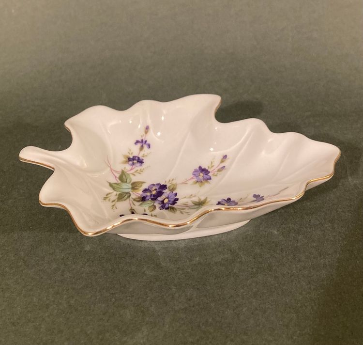 Lefton Violets Leaf-Shaped Hand-painted Trinket Dish