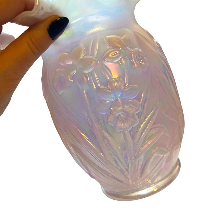 Fenton Iridescent Daffodil Vase Opalescent Glass Double Crimped Ruffled Rim