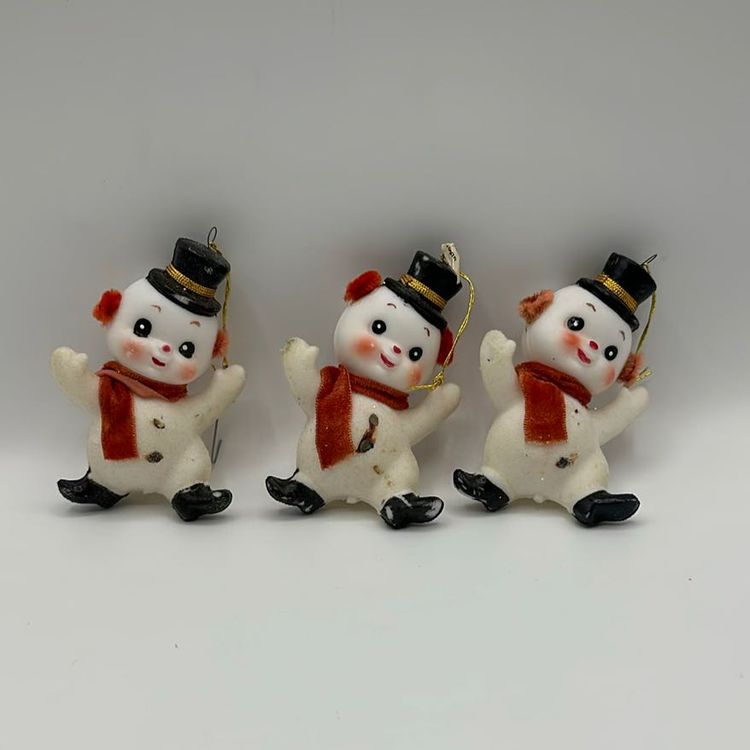 Set of 3 Vintage Flocked Plastic Snowmen Ornaments