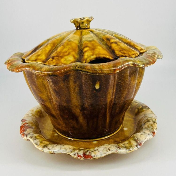 MCM California Pottery Drip Glaze Soup Tureen Punch Bowl Planter 70s boho