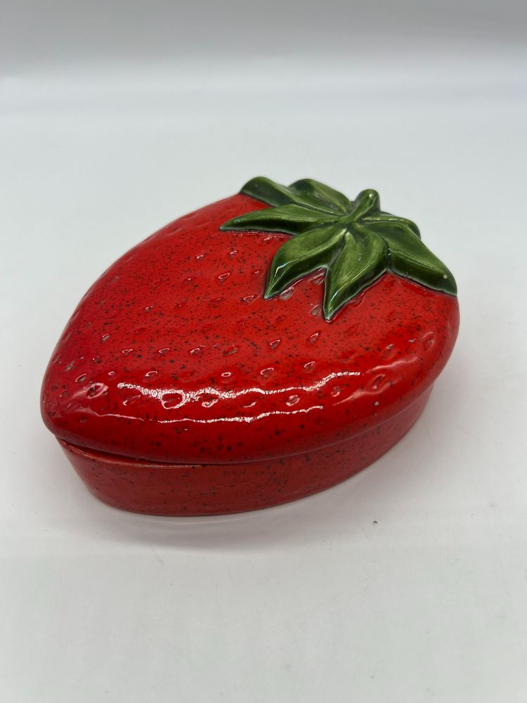 Vintage Ceramic Strawberry Shaped Hand Painted Red Trinket Box Candy Dish