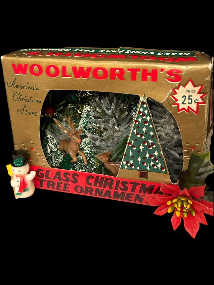 Woolworth Christmas Ornament Box Diorama Assemblage Trees And Deer
