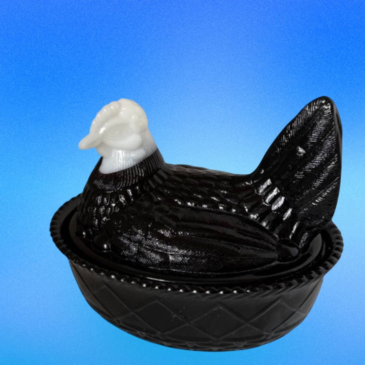 Niknax · Hen On Nest Split Tail Black Milk Glass With White Head 4-1/2 ...