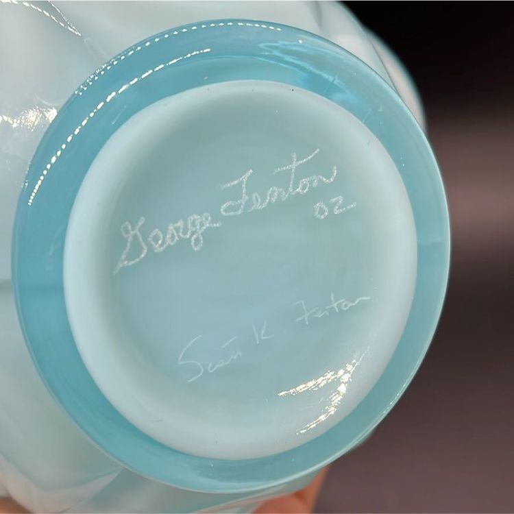 Fenton Blue Cased Glass Vase Drape George Fenton Susan K. Fenton Etched ...