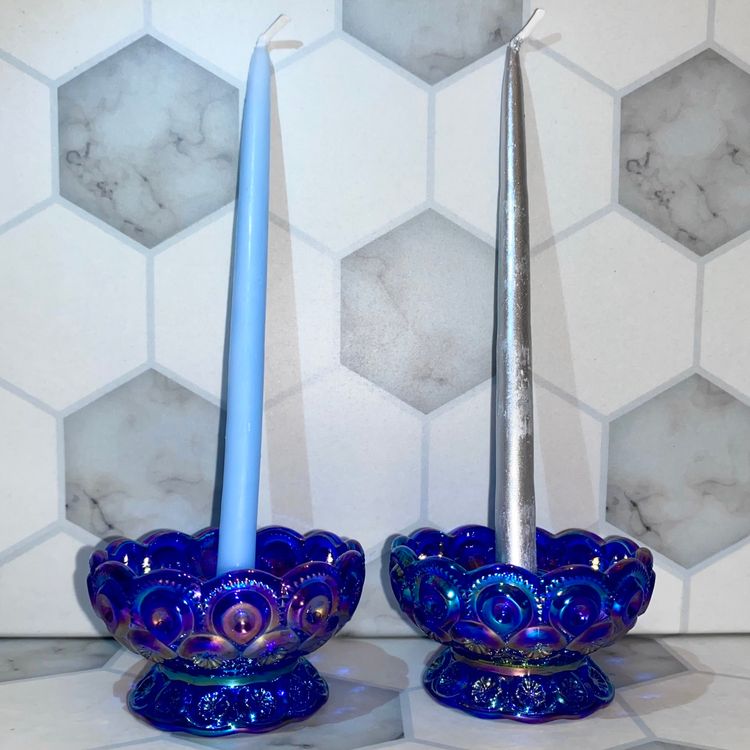 Weishar Glass Moon & Star Cobalt Carnival Miniature Candle Holder Pair ...