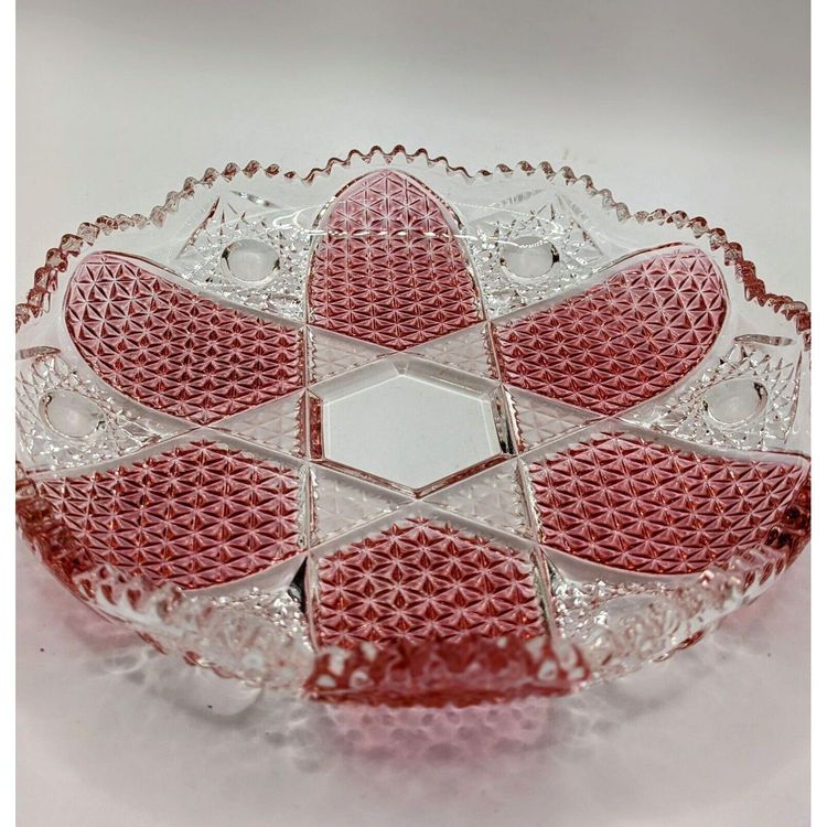 Vintage Clear and Pink Cut Glass 6.5" Dessert/Candy Dish Scalloped Edge