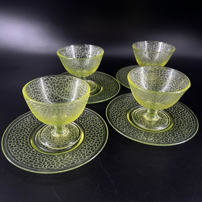 LE Smith Canary Uranium Glass Crackle Cracky Sherbet Cup Saucer