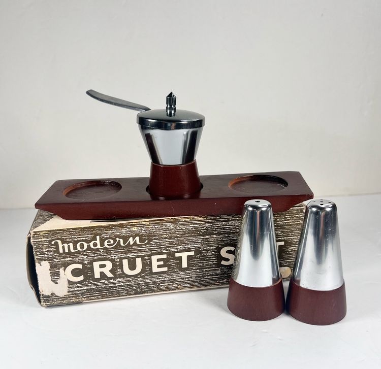 Mid Century Modern Wood & Silver plated Cruet Set Salt & Pepper W ...
